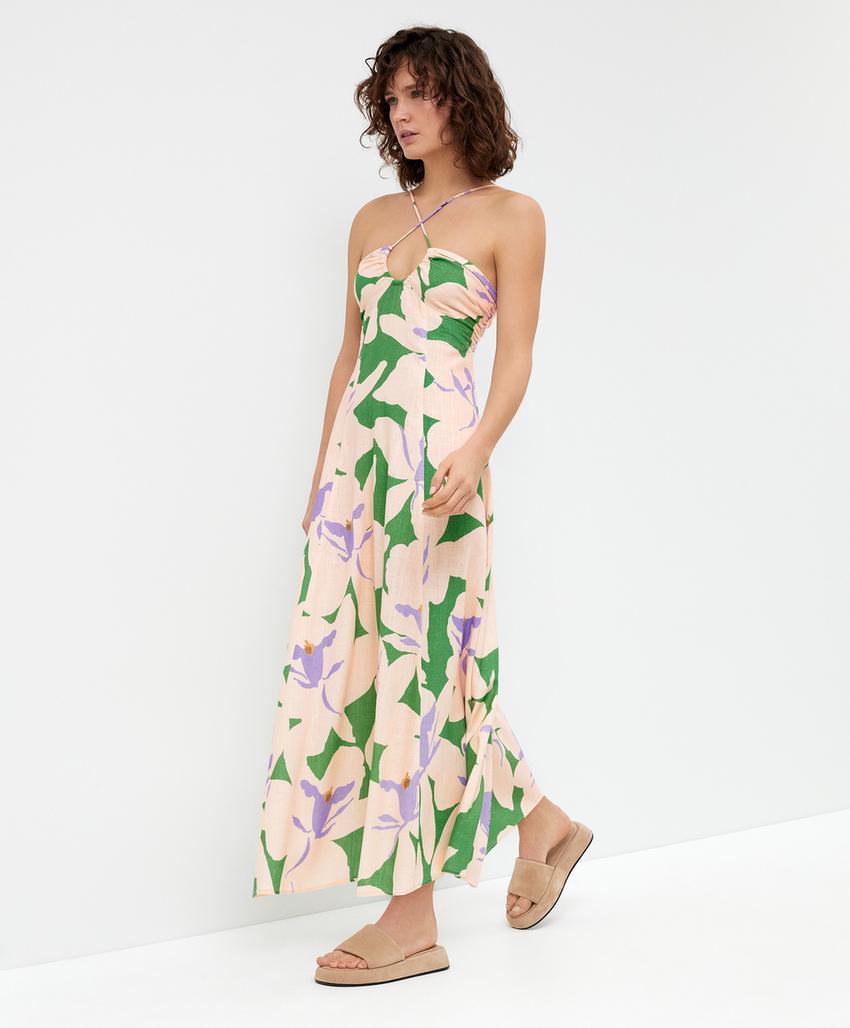 Linen floral strappy dress - | OYSHO United States