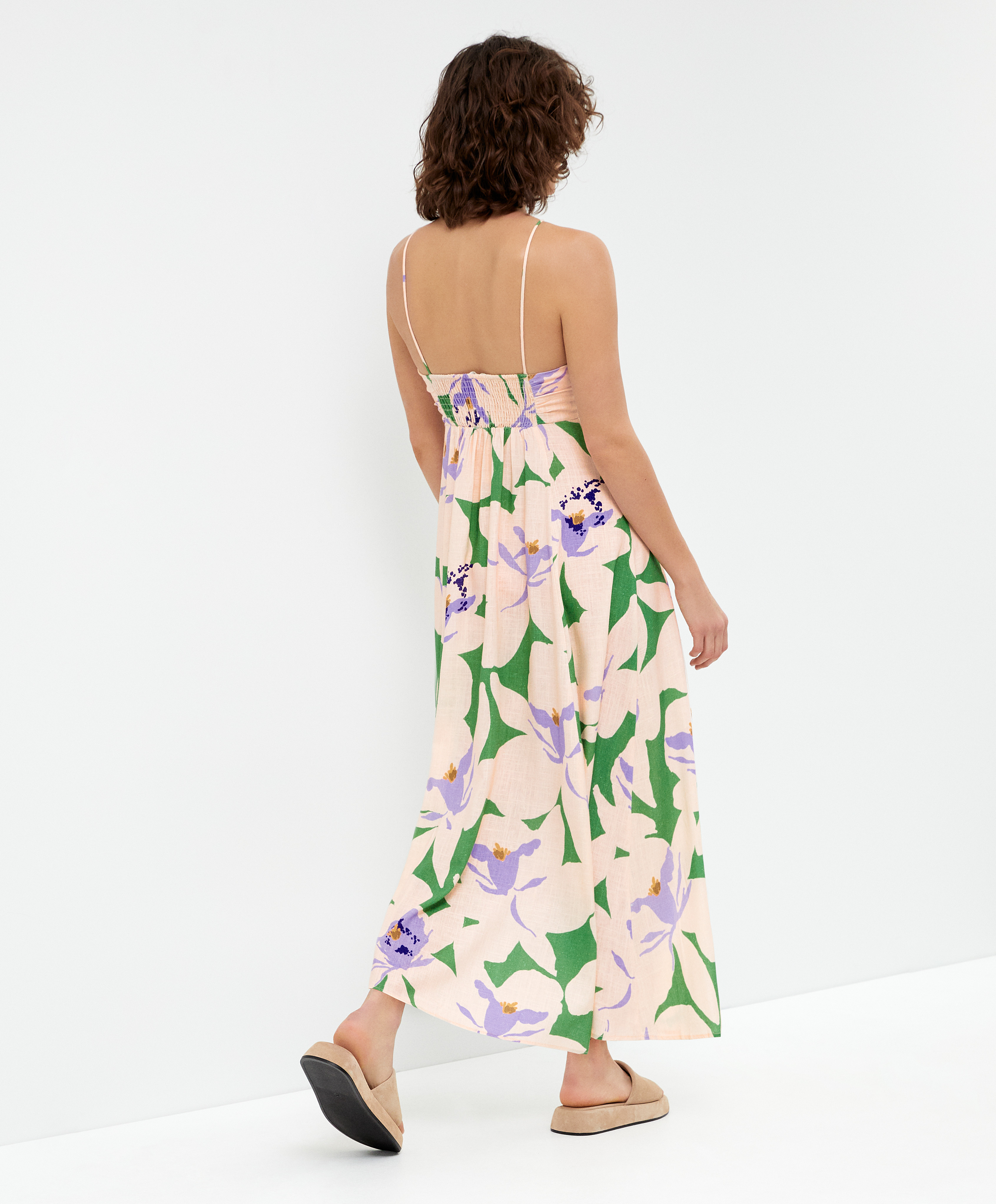 Linen floral strappy dress - | OYSHO United States