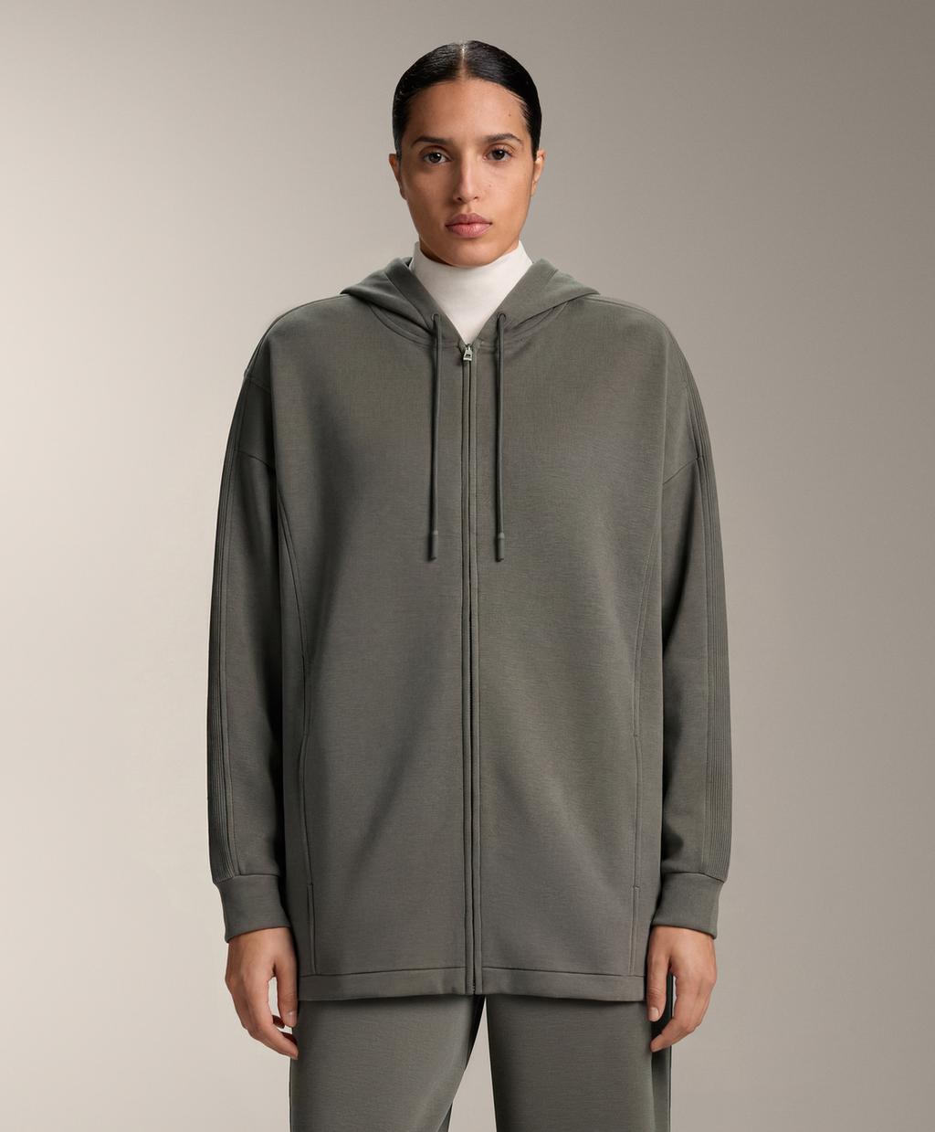 Long hooded jacket with rib details and brushed modal | OYSHO United ...