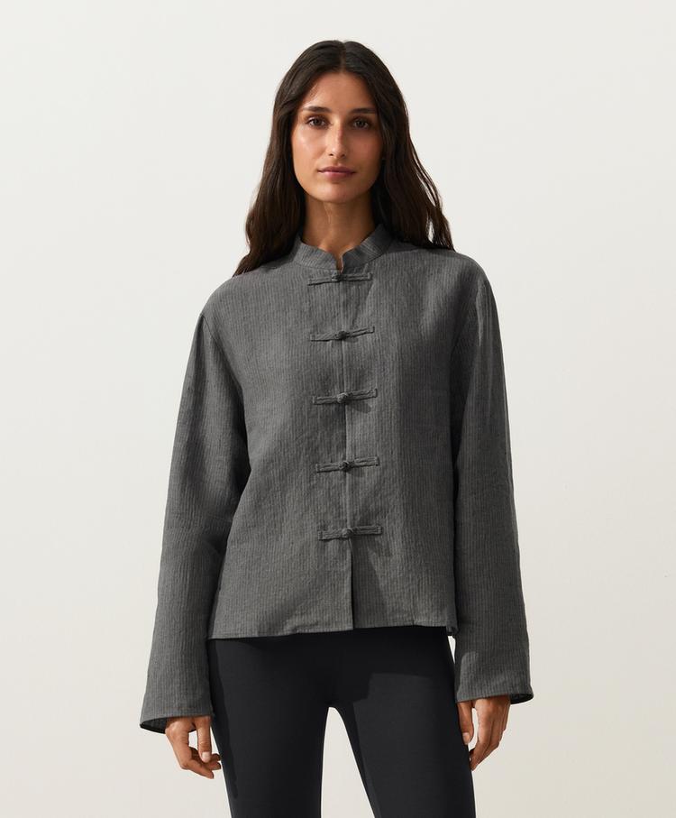 Striped 100% linen stand-up collar shirt | OYSHO Polska