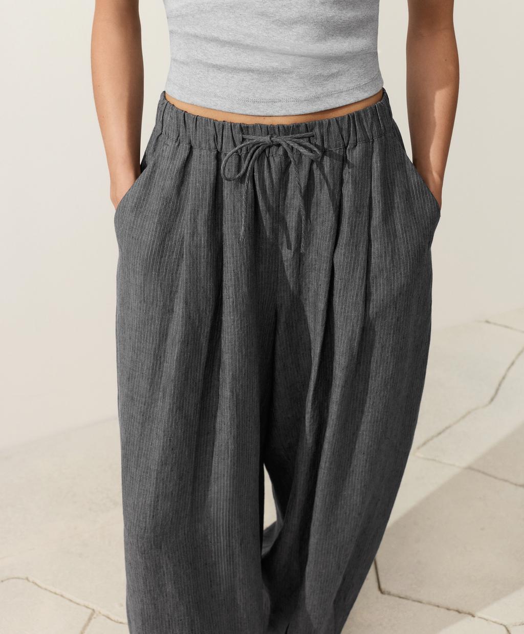 Pantalón balloon 100% lino rayas | OYSHO España